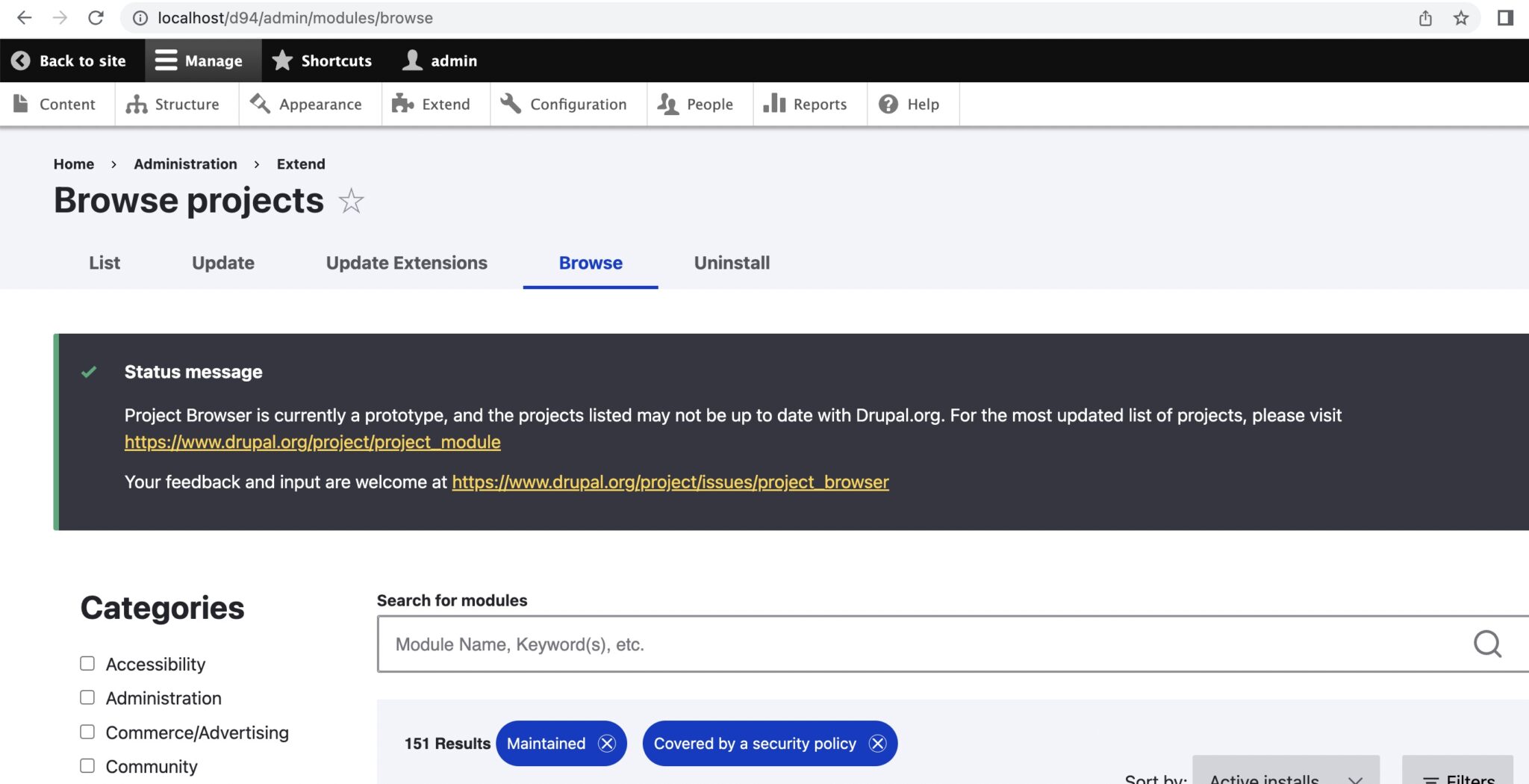 How to find and install contributed modules from drupal.org using project browser module ...